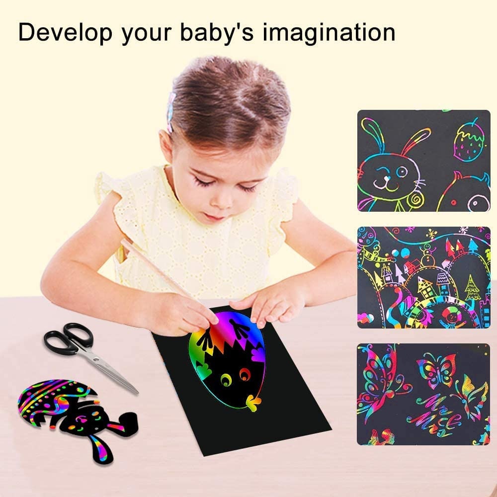 Kids Scratch Art Set - 50 Piece Rainbow Magic Scratch Paper With 5 ...