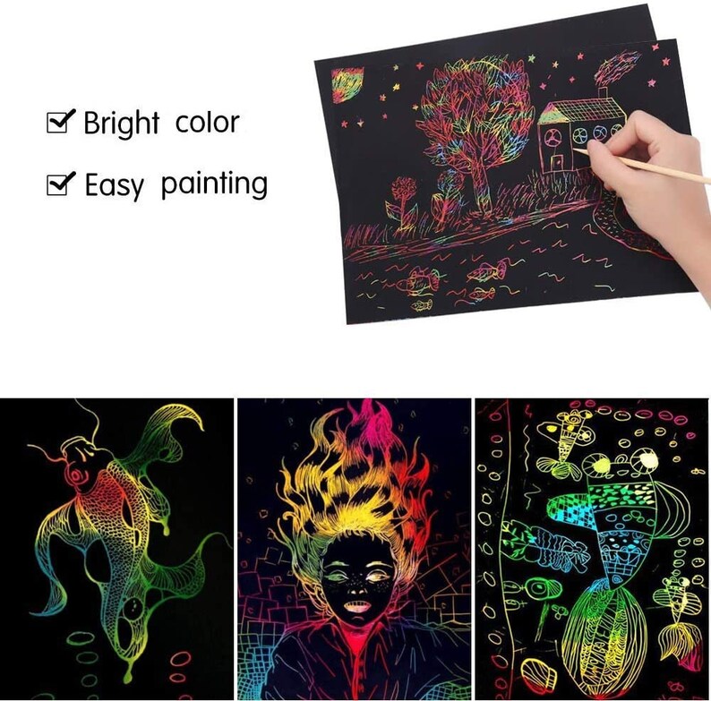 Kids Scratch Art Set - 50 Piece Rainbow Magic Scratch Paper With 5 ...