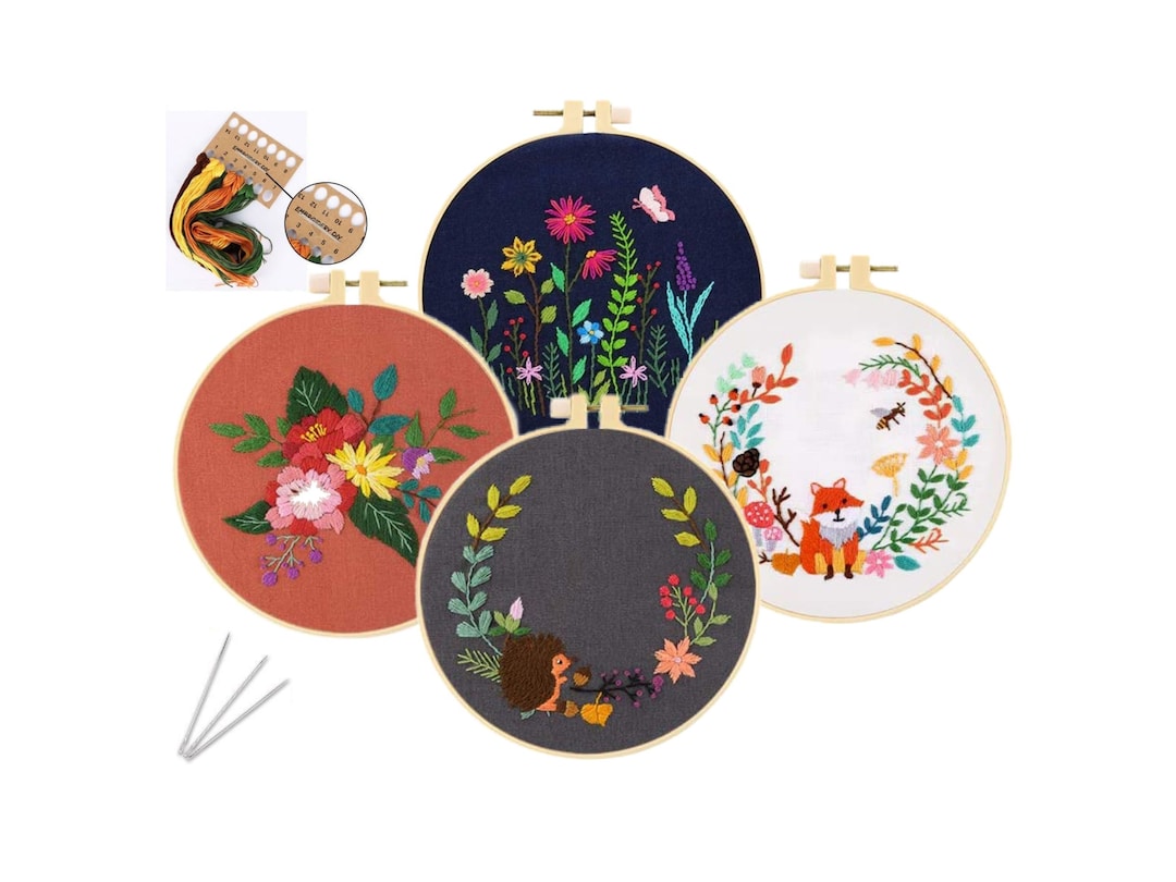 4 Pack Embroidery Starter Kit With Patterns, Embroidery Hoop, Floss and ...