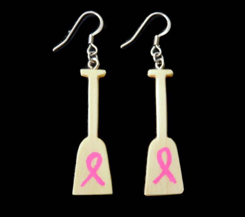Dragon Boat Paddle Wood Earrings, With Pink Ribbon for Breast Cancer ...