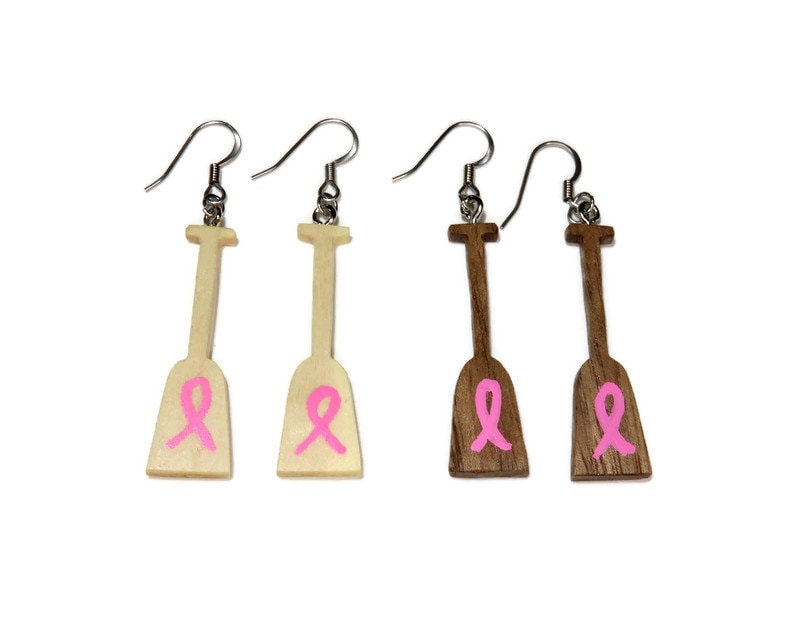 Dragon Boat Paddle Wood Earrings, With Pink Ribbon for Breast Cancer ...