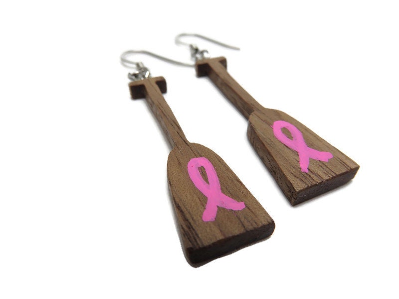 Dragon Boat Paddle Wood Earrings, With Pink Ribbon for Breast Cancer ...