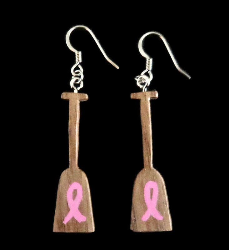 Dragon Boat Paddle Wood Earrings, With Pink Ribbon for Breast Cancer ...