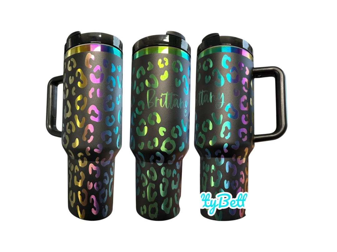 Personalized Holographic Cheetah Print Tumbler | Custom Name Rainbow ...