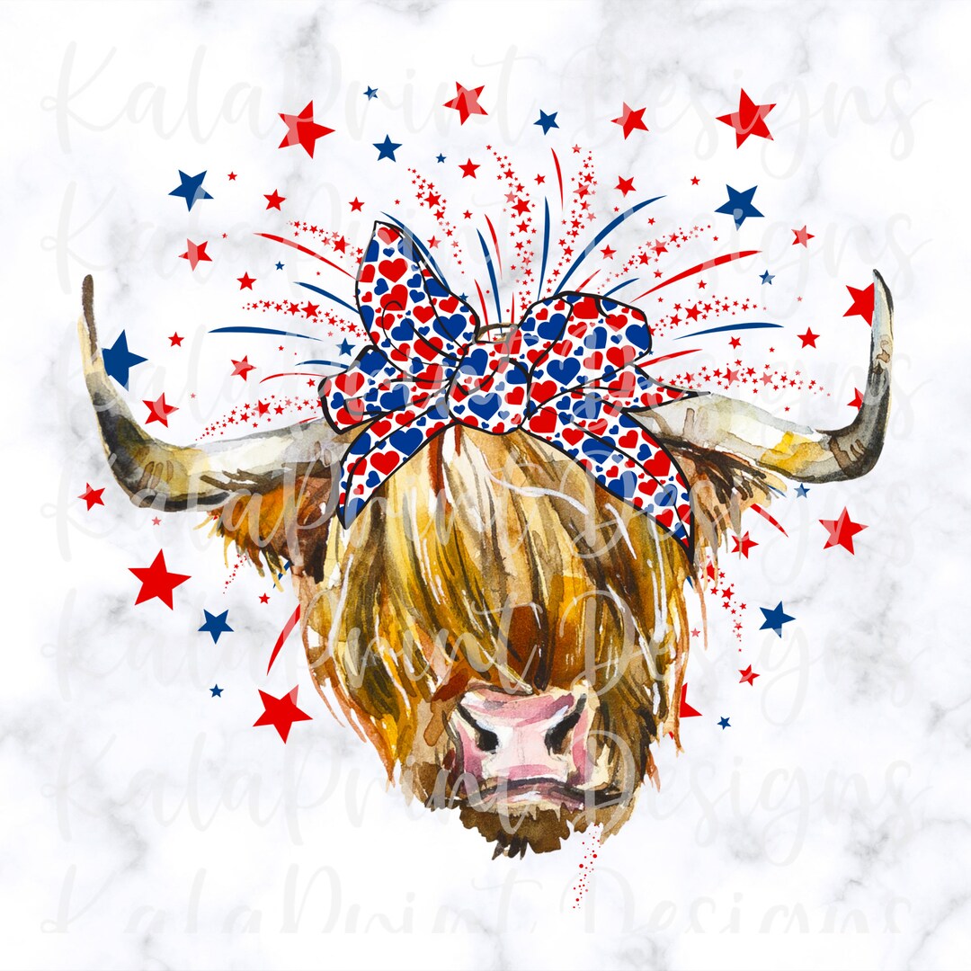 Red White Blue Highland Cow With Patriotic Bandana PNG Country USA ...