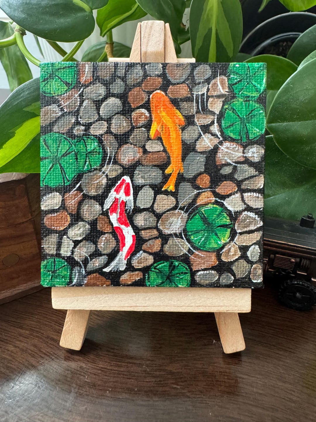 Mini Koi Fish Pond Acrylic Painting on 3x3 Canvas With Easel - Etsy
