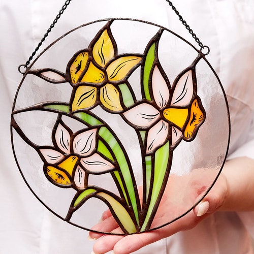 Daffodil Stained Glass Panel Flower White and Yellow Flower - Etsy