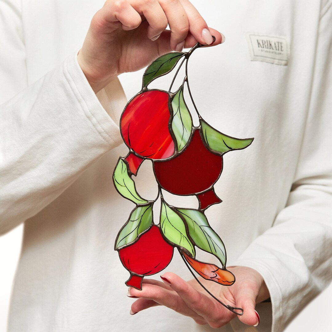 Pomegranate Branch Stained Glass Sun Catcher Window Hanging Garnet Tree ...