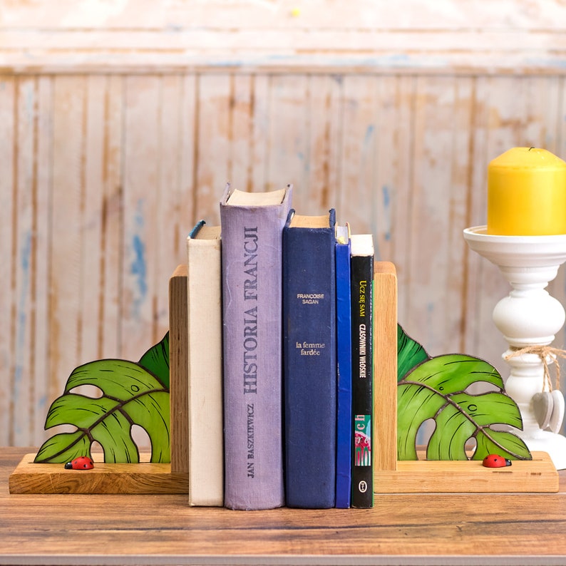 Monstera Stained Glass Bookend - Unique Library Decor Bookends ...