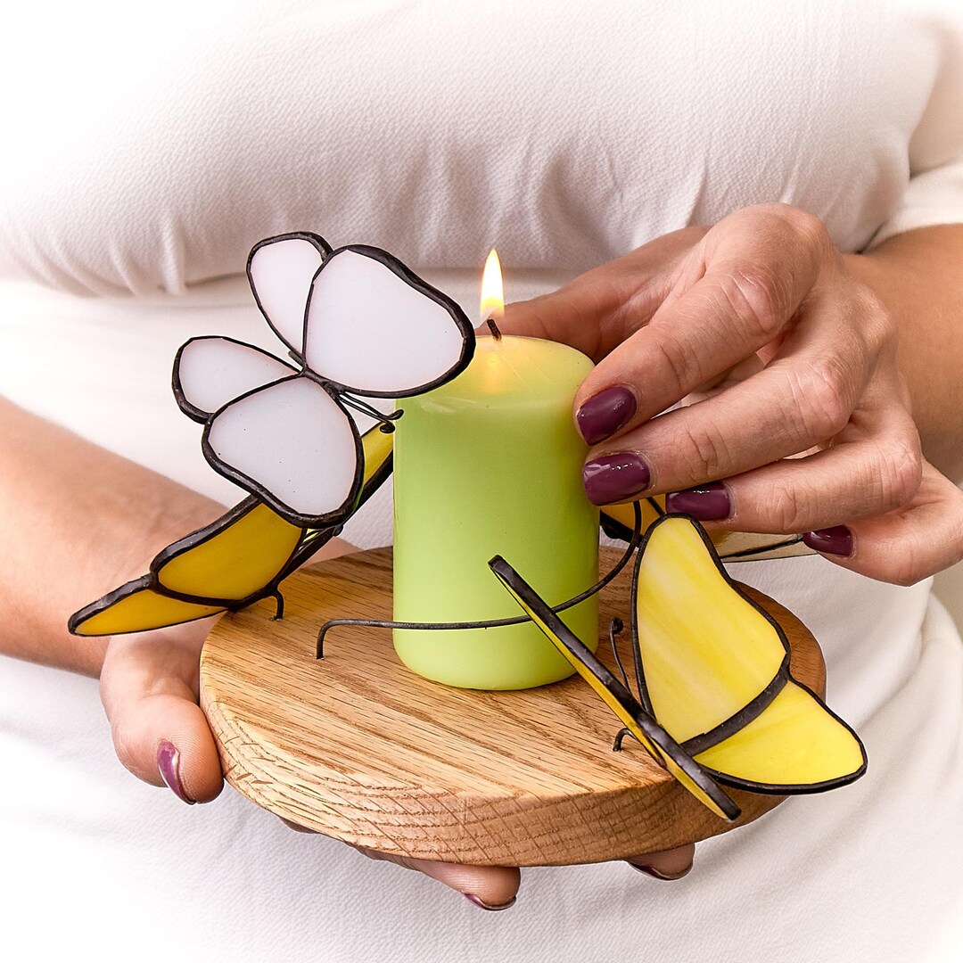 Stained Glass Flying Butterfly Candle Holder With Wooden Base – Yellow ...