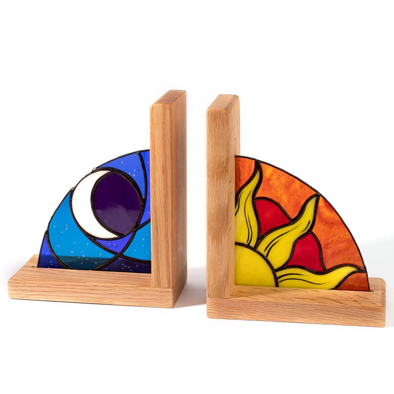Stained Glass Sun and Moon Bookends – Literary Bookshelves Home Decor ...