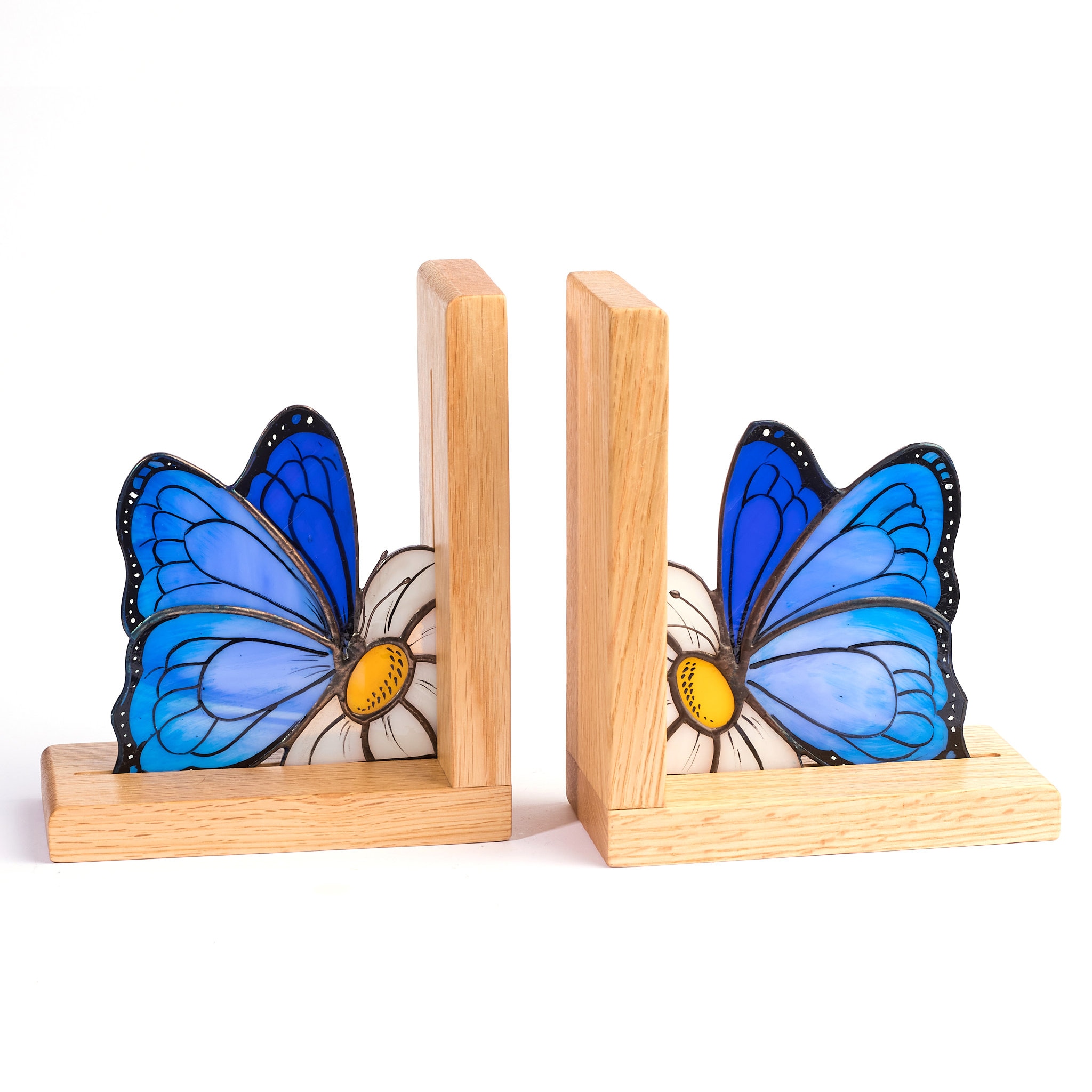 Butterfly on Flower Stained Glass Bookends With Oak Base, Colorful Book ...