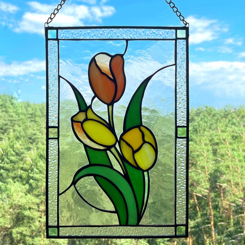 Tulip Stained Glass Panel Flower Gift 6 Colors Window Hanging - Etsy
