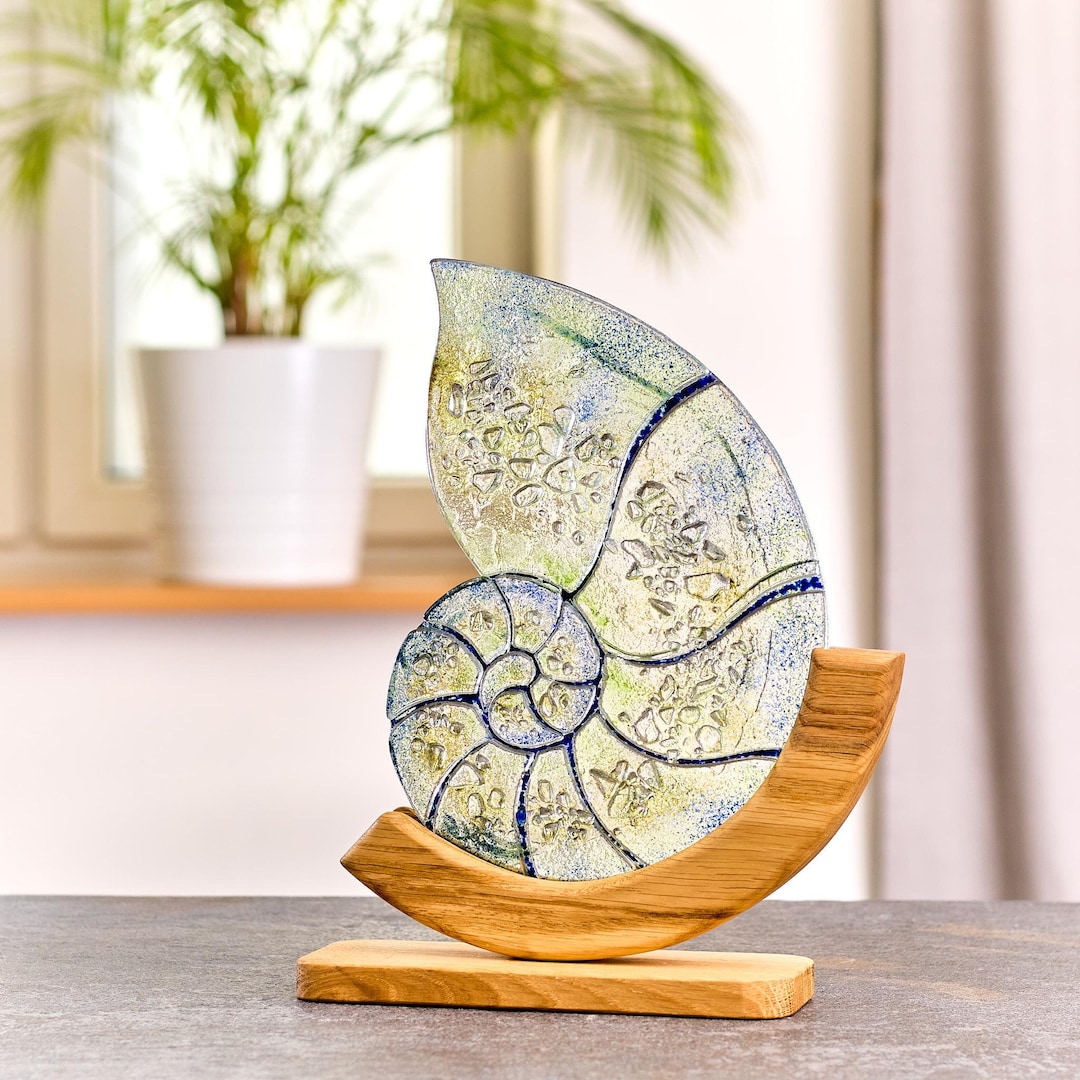 Fused Glass Nautilus Shell Sculpture With Textured Details – Ocean ...