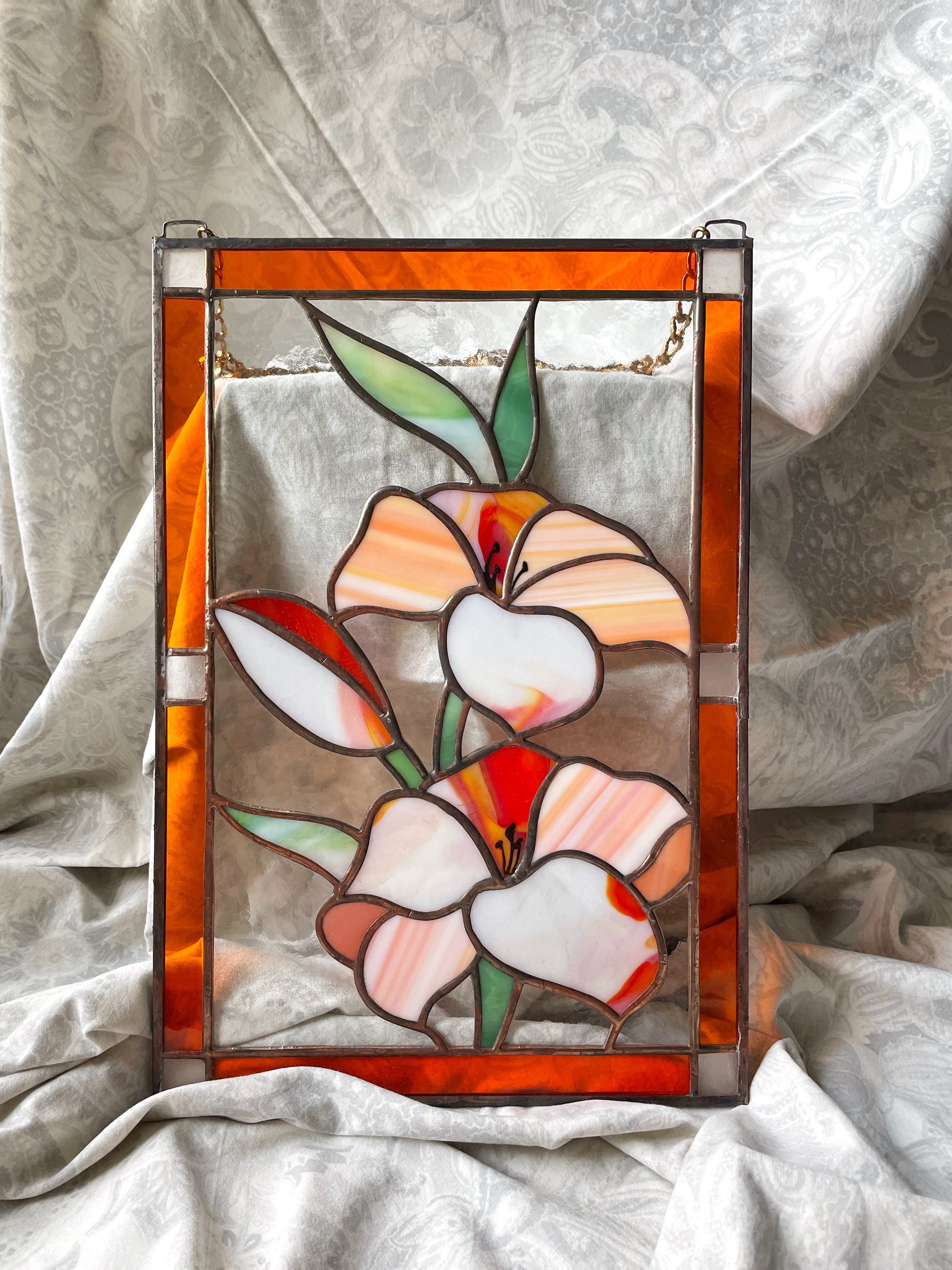 Stained Glass Panel Lily Flower Gift Orange Window Hanging | Etsy