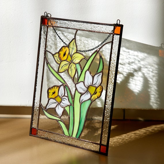 Daffodil Stained Glass Panel Flower White and Yellow Flower - Etsy