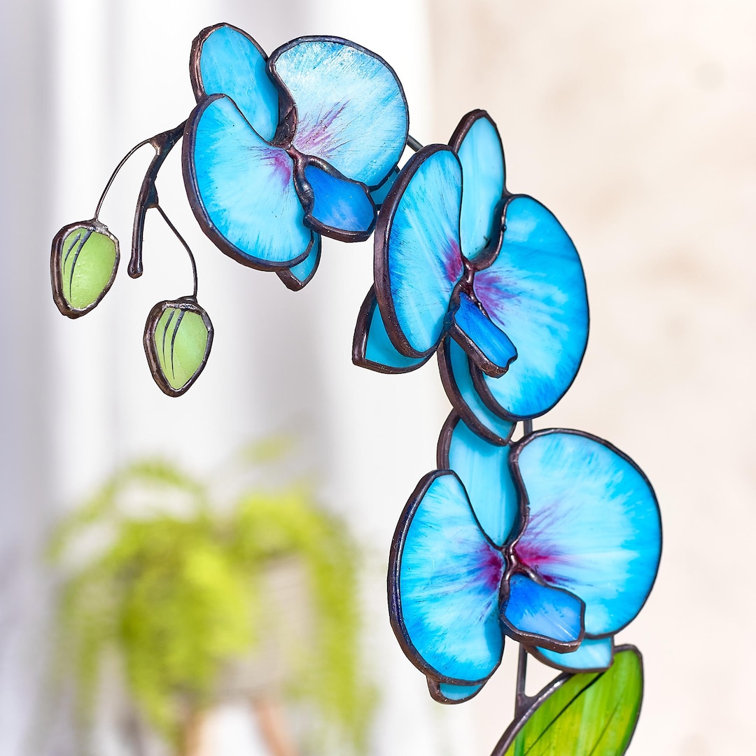 Stained Glass Blue Orchid | Freestanding Orchid Decor | Tiffany Glass ...