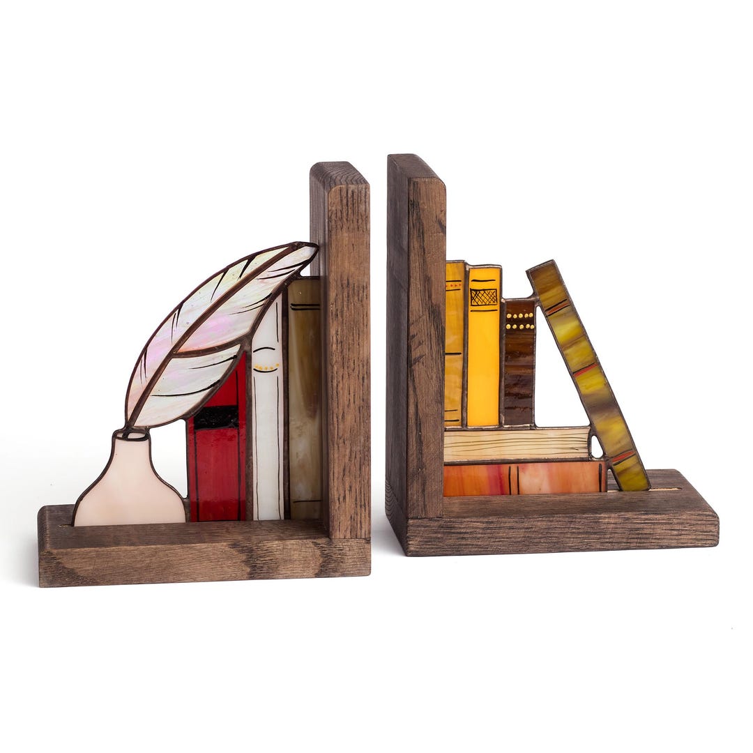 Stained Glass Bookends With Books and Quill – Literary Home Decor ...
