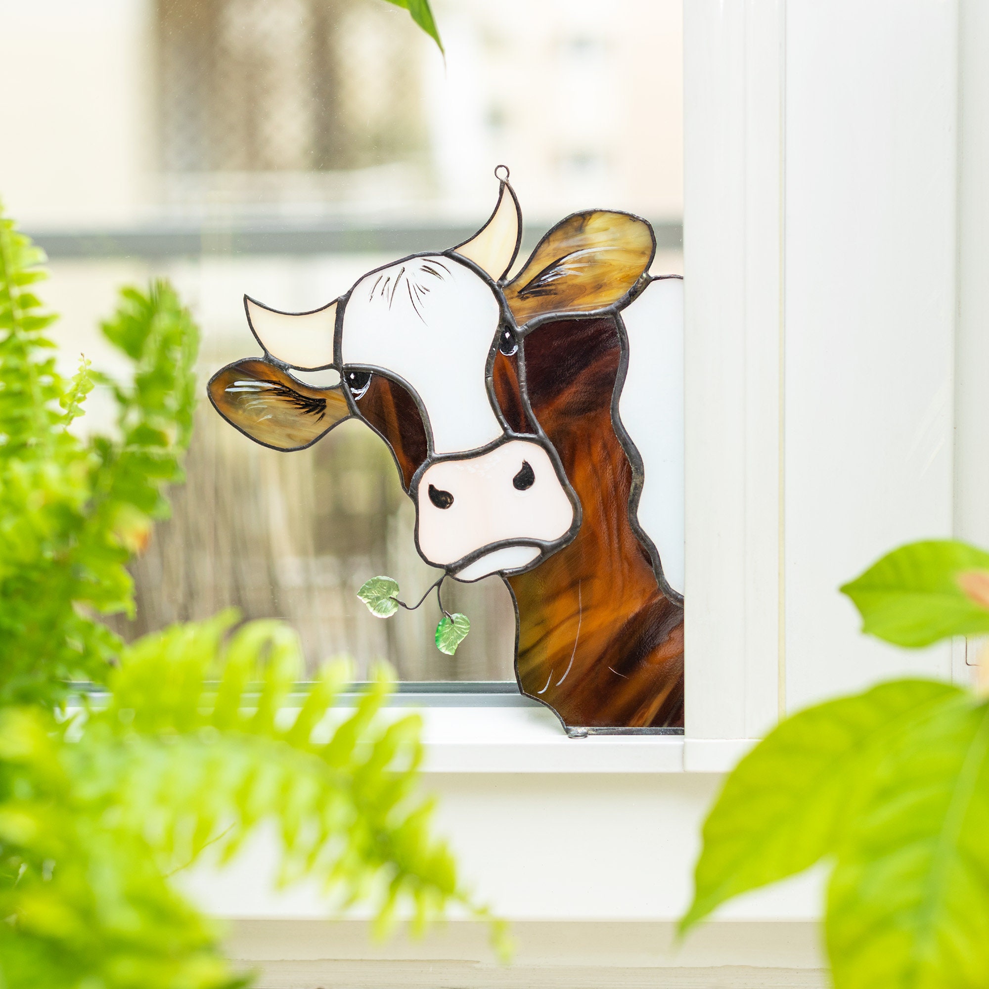 Whimsical Stained Glass Cow Window Corner Decoration Unique and Fun ...