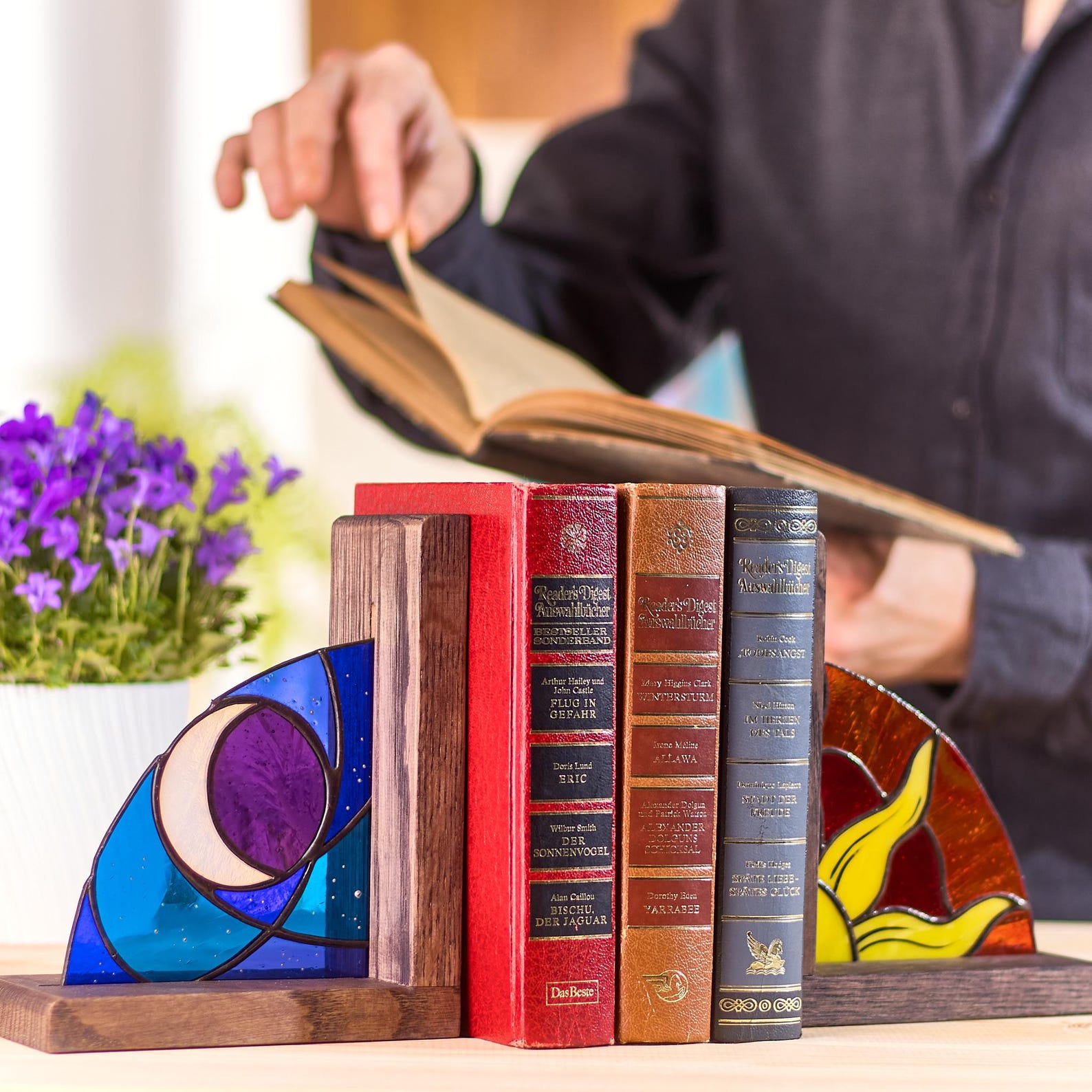 Stained Glass Sun and Moon Bookends – Literary Bookshelves Home Decor ...