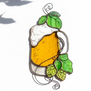 Stained Glass Beer Mug With Delicate Hops Leaves Sun Catcher Window ...