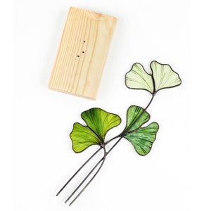 Ginkgo Leaf Stained Glass Table Stand on the Wooden Platform Ginkgo ...