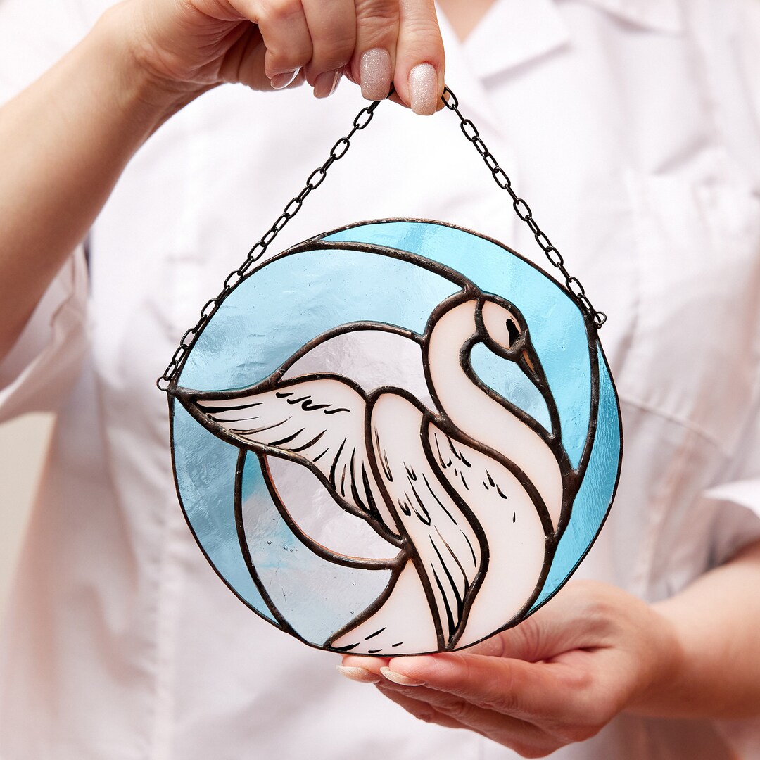 Swan Stained Glass Window Decor, Glass Sun Catcher Hanging Swan and ...