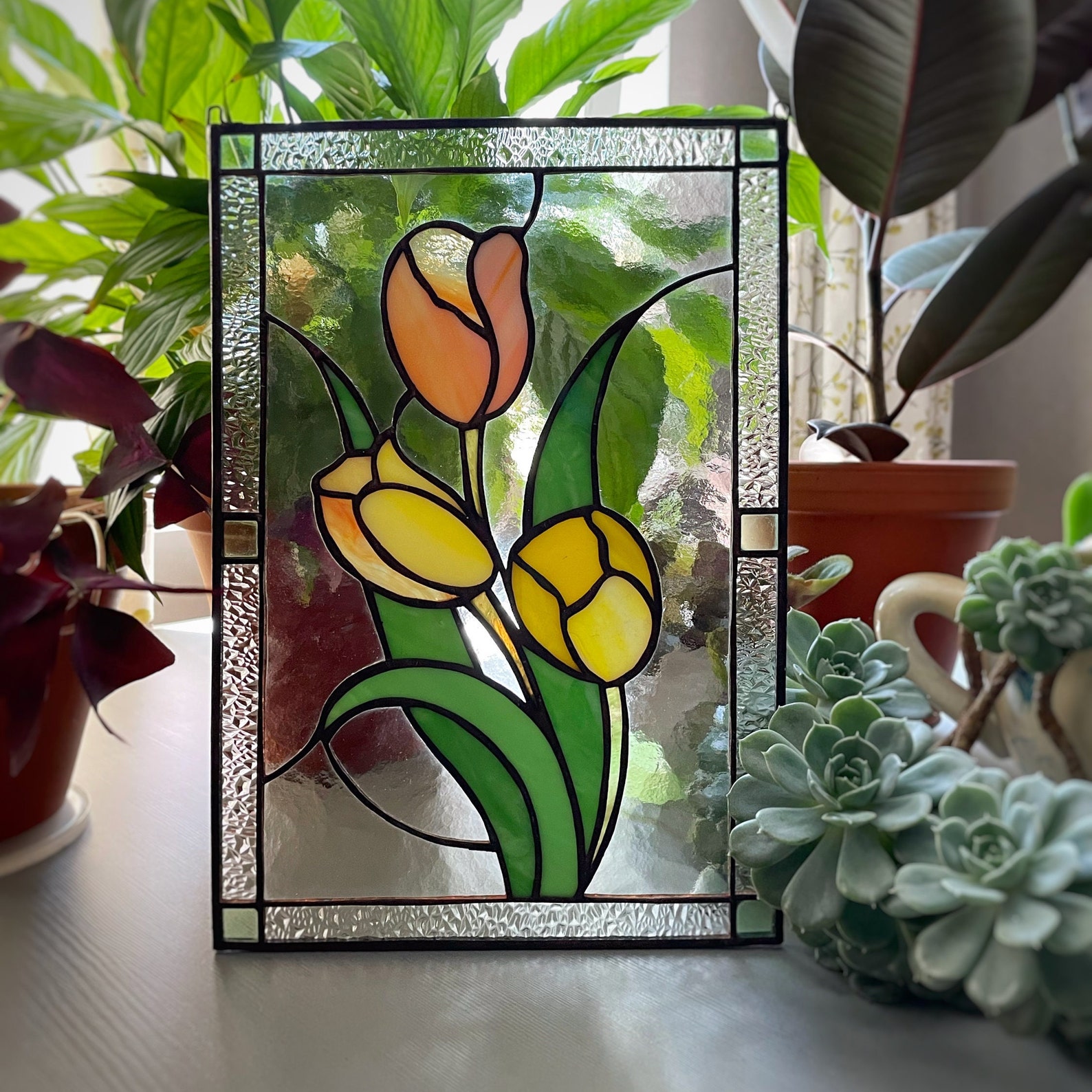 Tulip Stained Glass Panel Flower Gift 6 Colors Window Hanging - Etsy