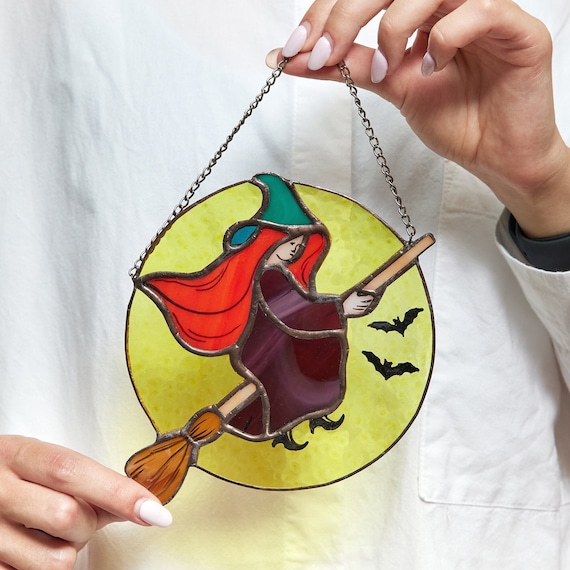 Flying Witch Halloween Stained Glass Decor Halloween Window - Etsy