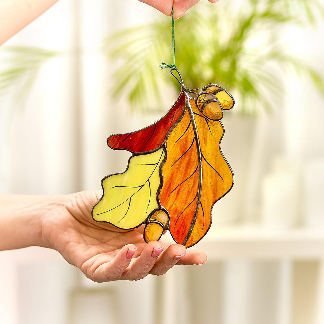 Fall Oak Leaf Stained Glass Suncatcher - Fall Decor With Acorns ...