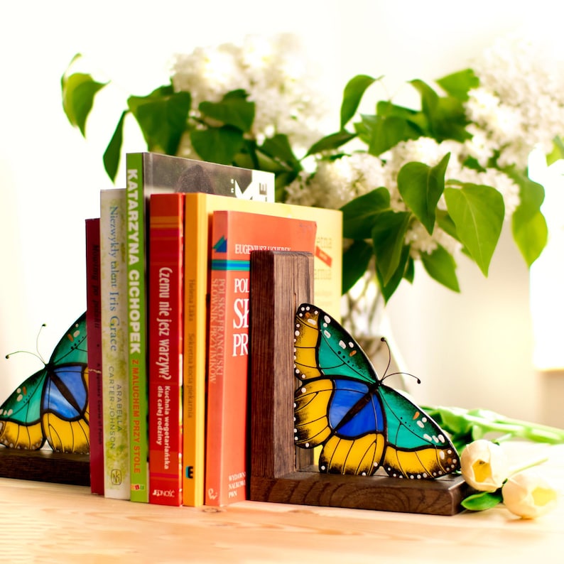 Stained Glass Euphaedra Butterfly Bookend | Oak Wood Bookshelf Decor ...