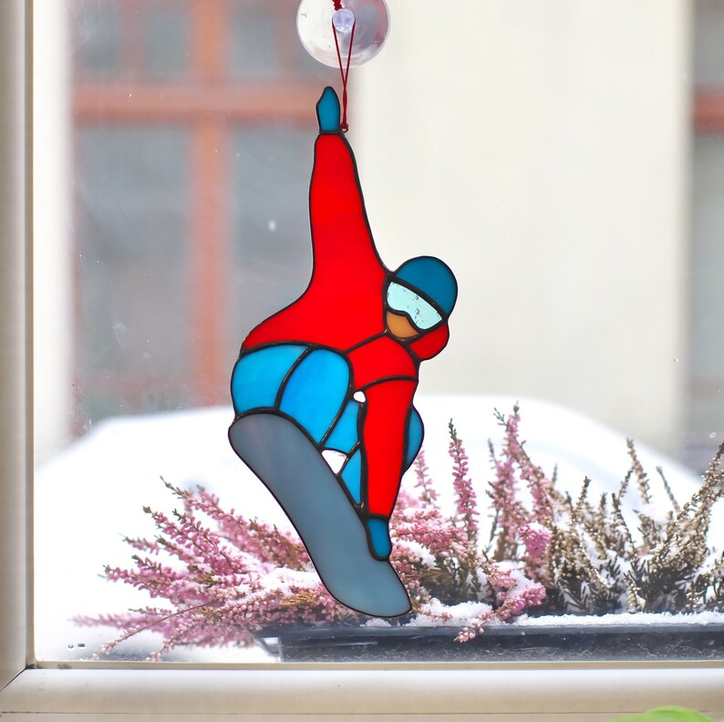 Snowboarder Stained Glass Window Decor, Snowboard Wall Hanging, Ski Sun ...