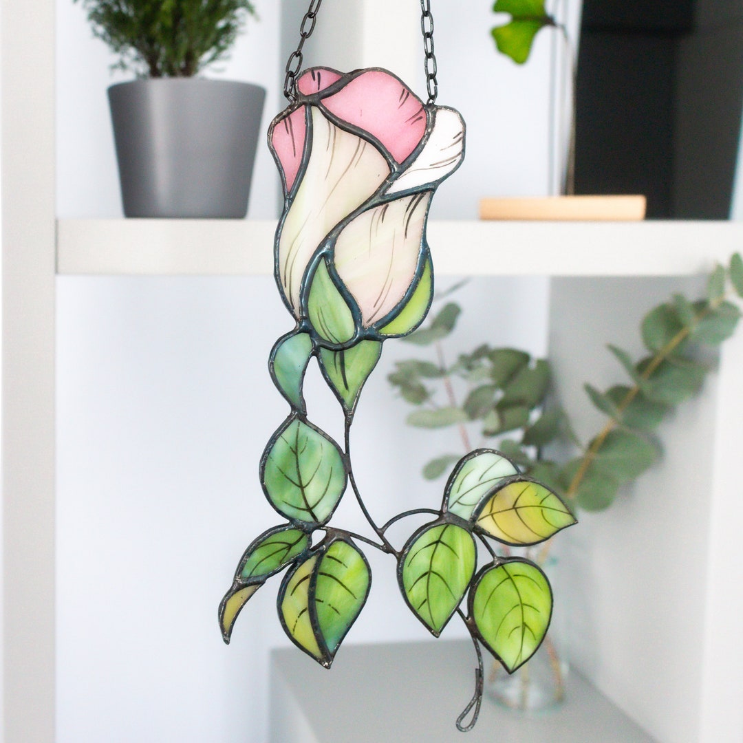 Rose Flower Stained Glass Suncatcher Floral Stain Glass Window Hanging ...