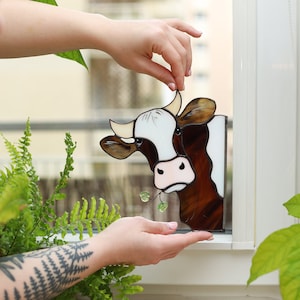 Whimsical Stained Glass Cow Window Corner Decoration Unique and Fun ...