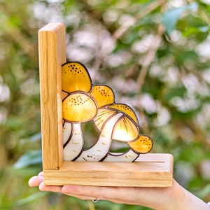 Honey Mushroom Stained Glass Bookends, Woodland Cottagecore Bookshelf ...