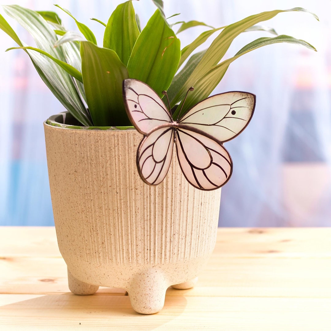 Iridescent White Butterfly Plant Pot Hugger Stained Glass Planter ...