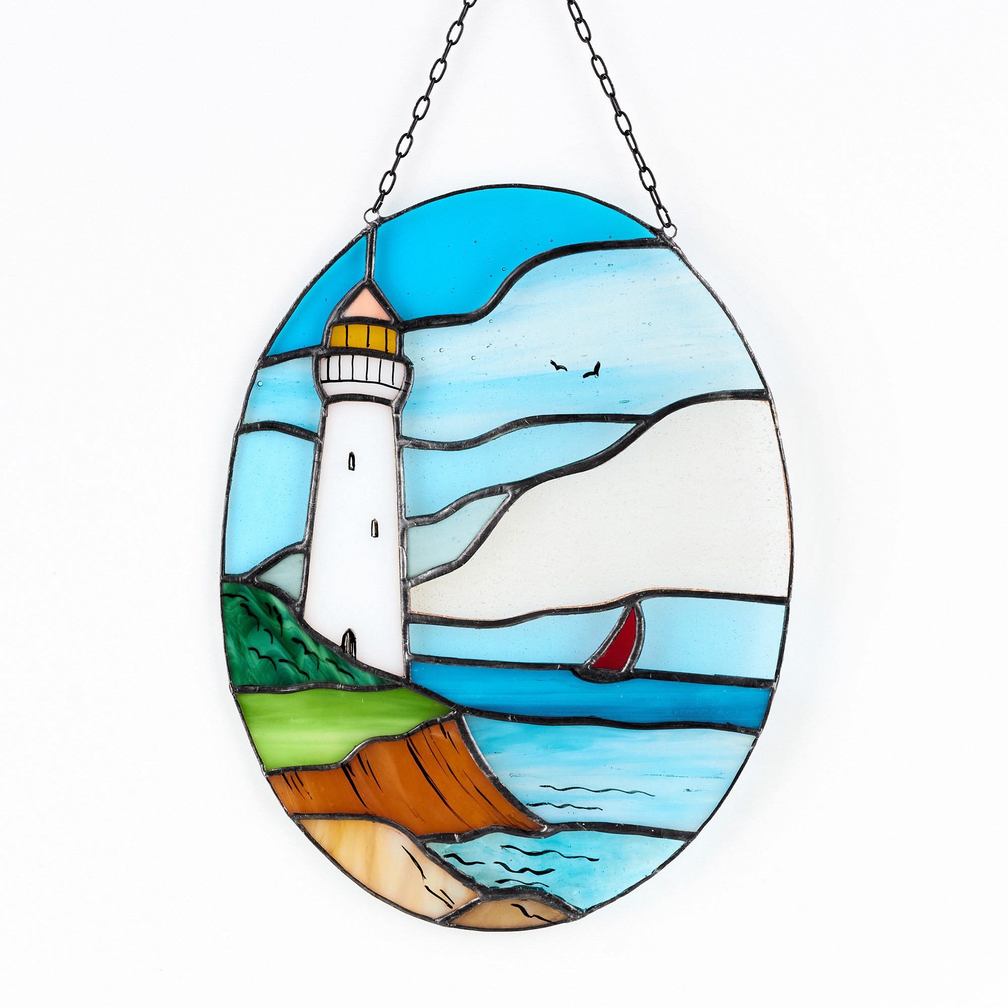 Stained Glass Lighthouse in Ocean Landscape Suncatcher Stain Glass ...