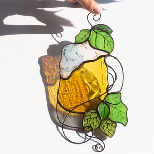 Stained Glass Beer Mug With Delicate Hops Leaves Sun Catcher Window ...