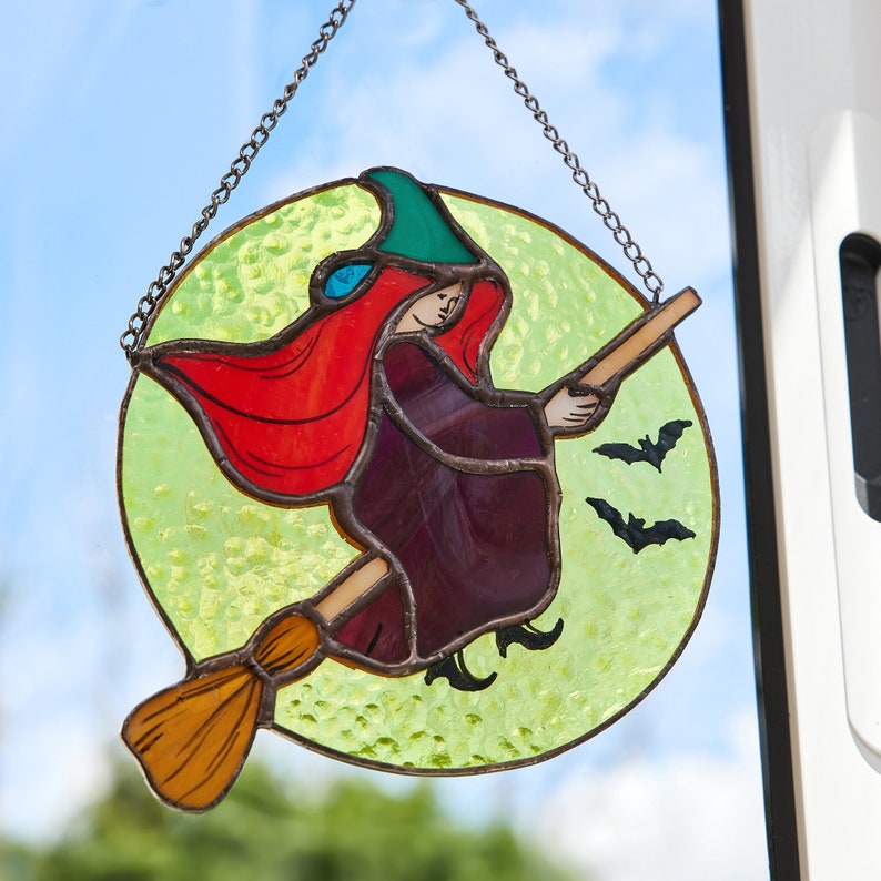 Flying Witch Halloween Stained Glass Decor, Halloween Window Hanging ...