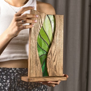 Organic Flow Stained Glass & Wood Decor Piece - Glass Sculpture for ...