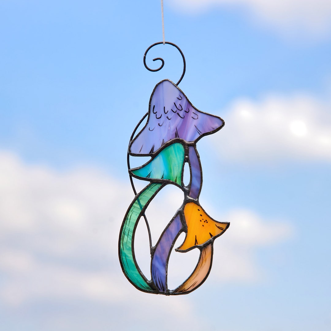 Stained Glass Magic Mushrooms – Boho Window Decor, Psychedelic Sun ...