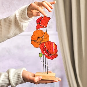 Red Poppy Flower Stained Glass Tabletop Decor With Wooden Stand - Etsy