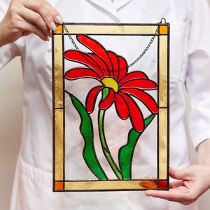 Gerbera Stained Glass Flower Panel Red Daisy Window Hangings Stain ...