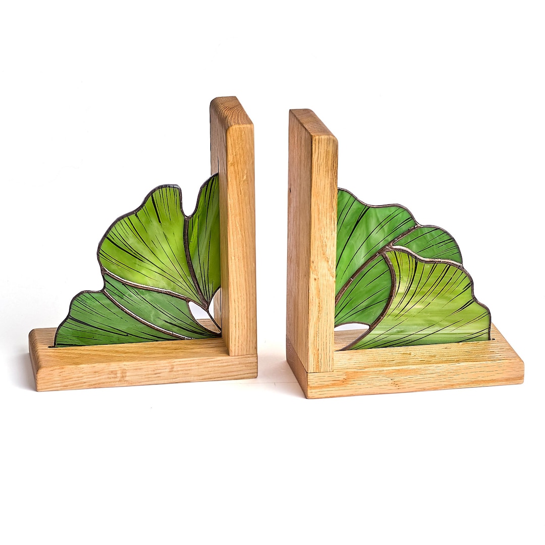 Stained Glass Ginkgo Leaf Bookends With Oak Wood Base – Handmade Green ...