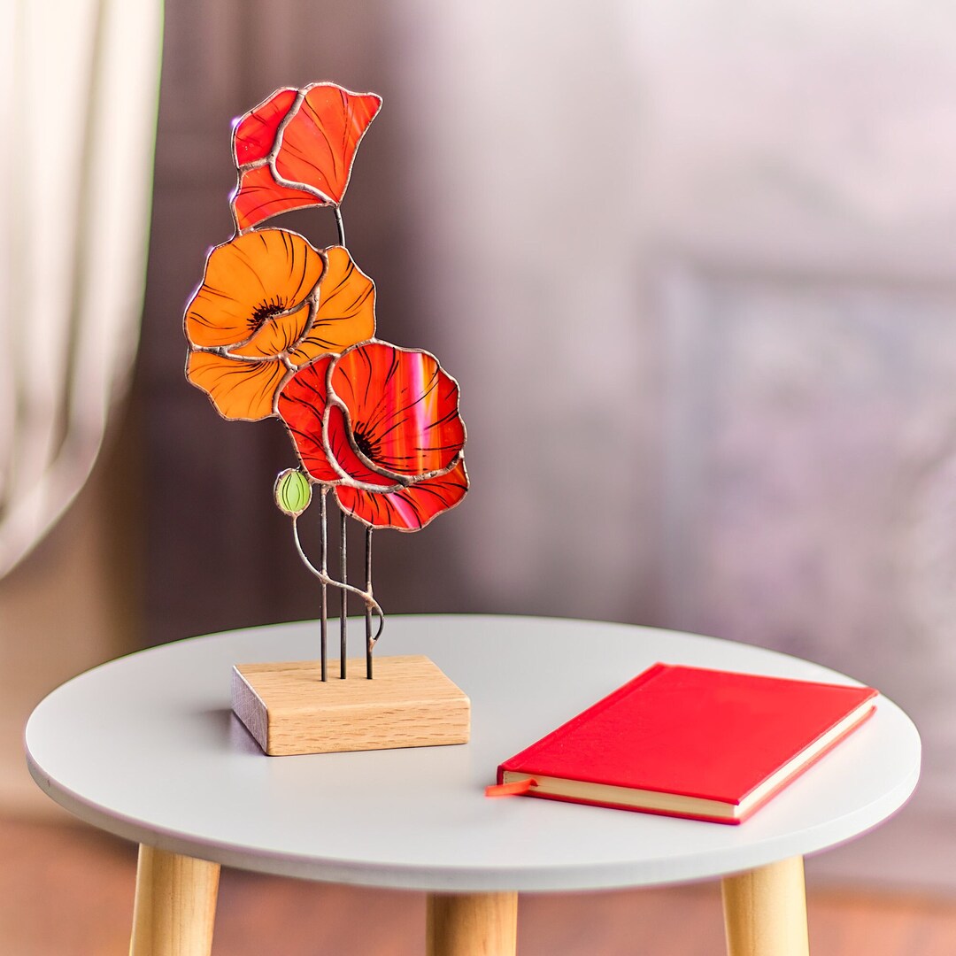 Red Poppy Flower Stained Glass Tabletop Decor With Wooden Stand - Etsy