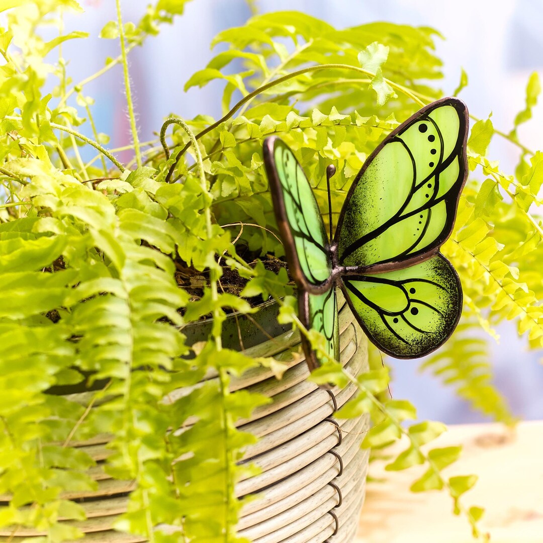 Green Stained Glass Butterfly Pot Hugger – Elegant Plant Pot Decoration ...