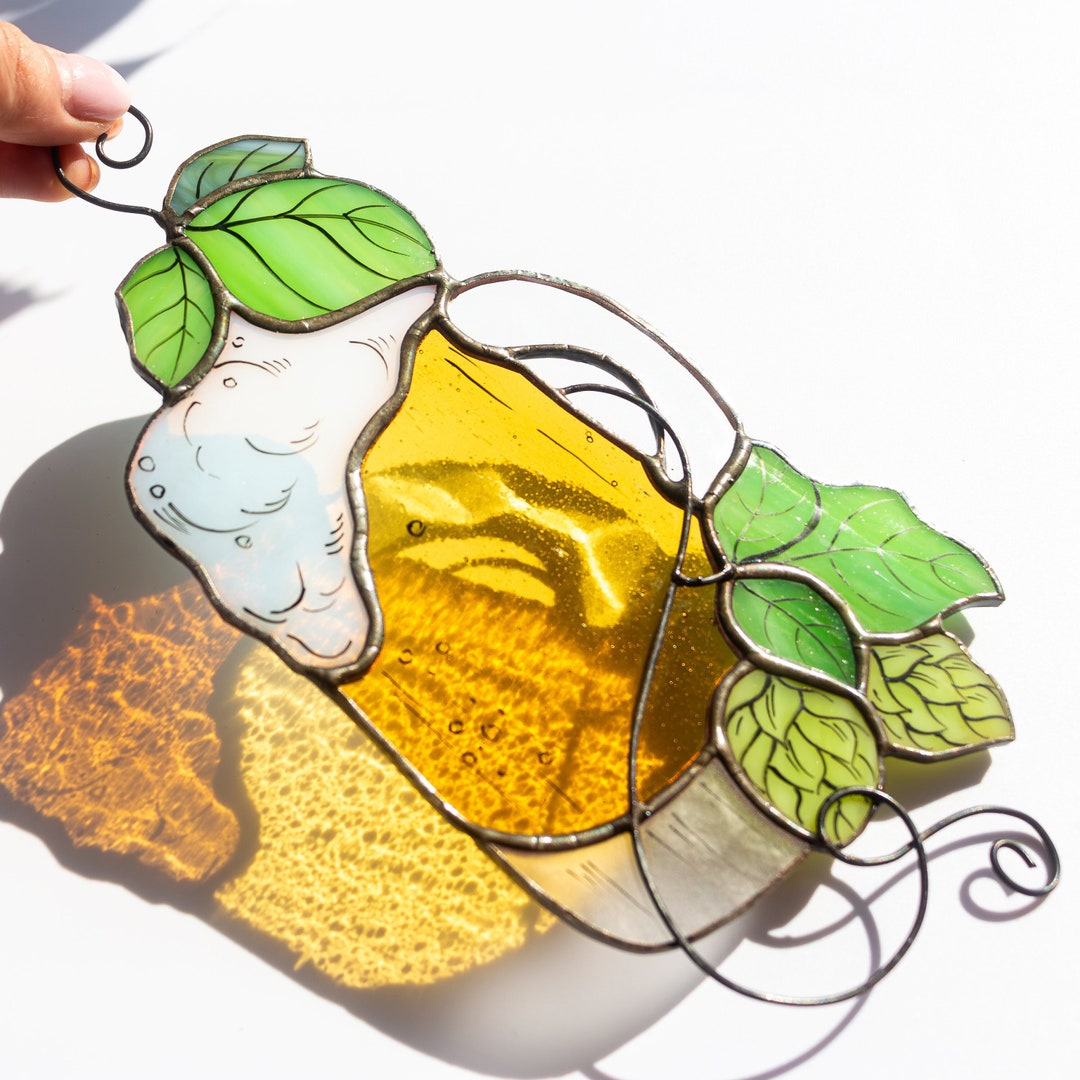 Stained Glass Beer Mug With Delicate Hops Leaves Sun Catcher Window ...