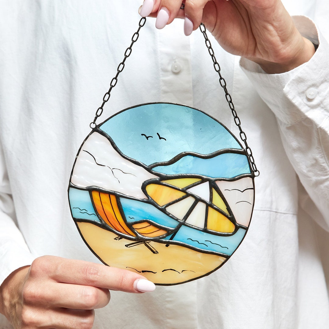 Sea Beach Landscape Stained Glass Sun Catcher Window Hanging Home Decor ...