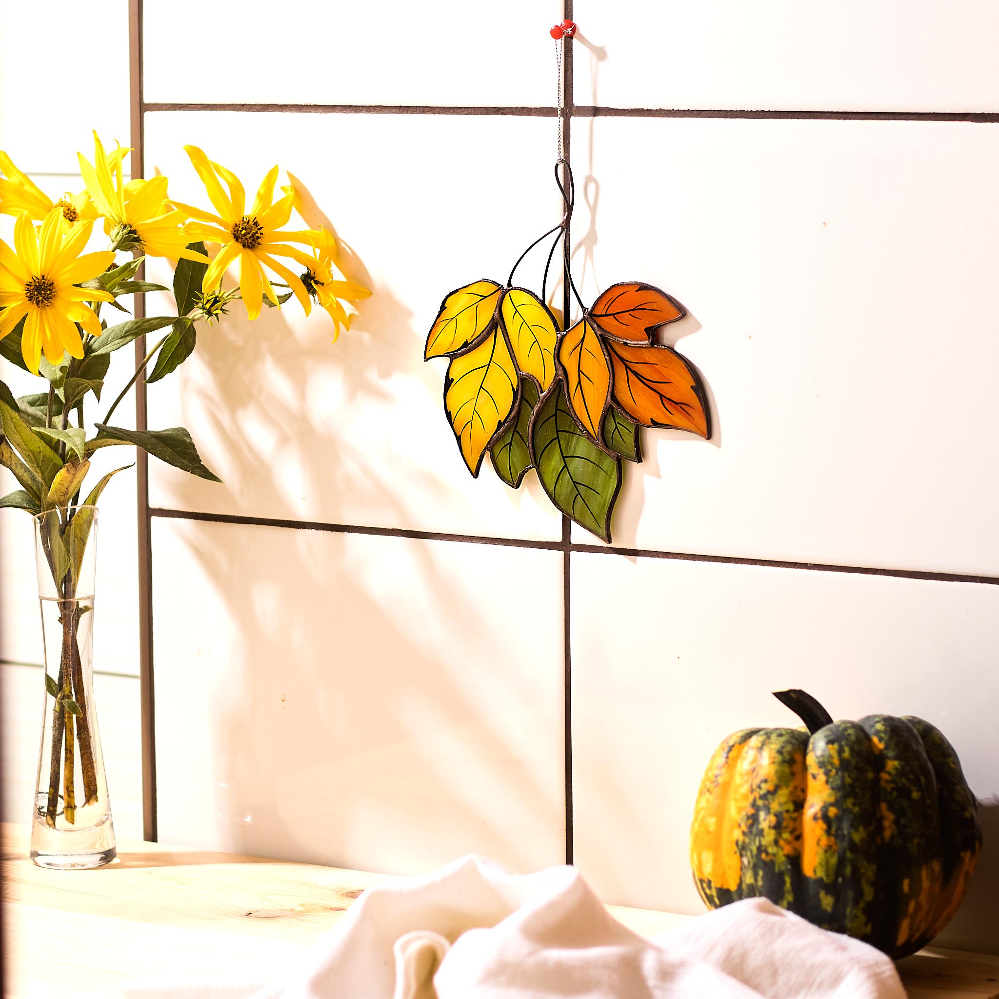 Handcrafted Stained Glass Autumn Leaves | Fall Home Decor & Sun Catcher ...