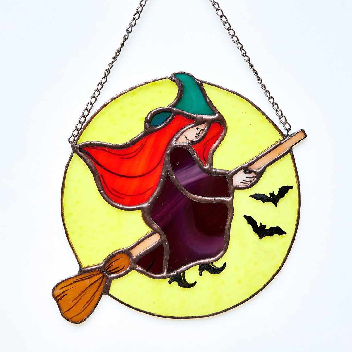 Flying Witch Halloween Stained Glass Decor, Halloween Window Hanging ...